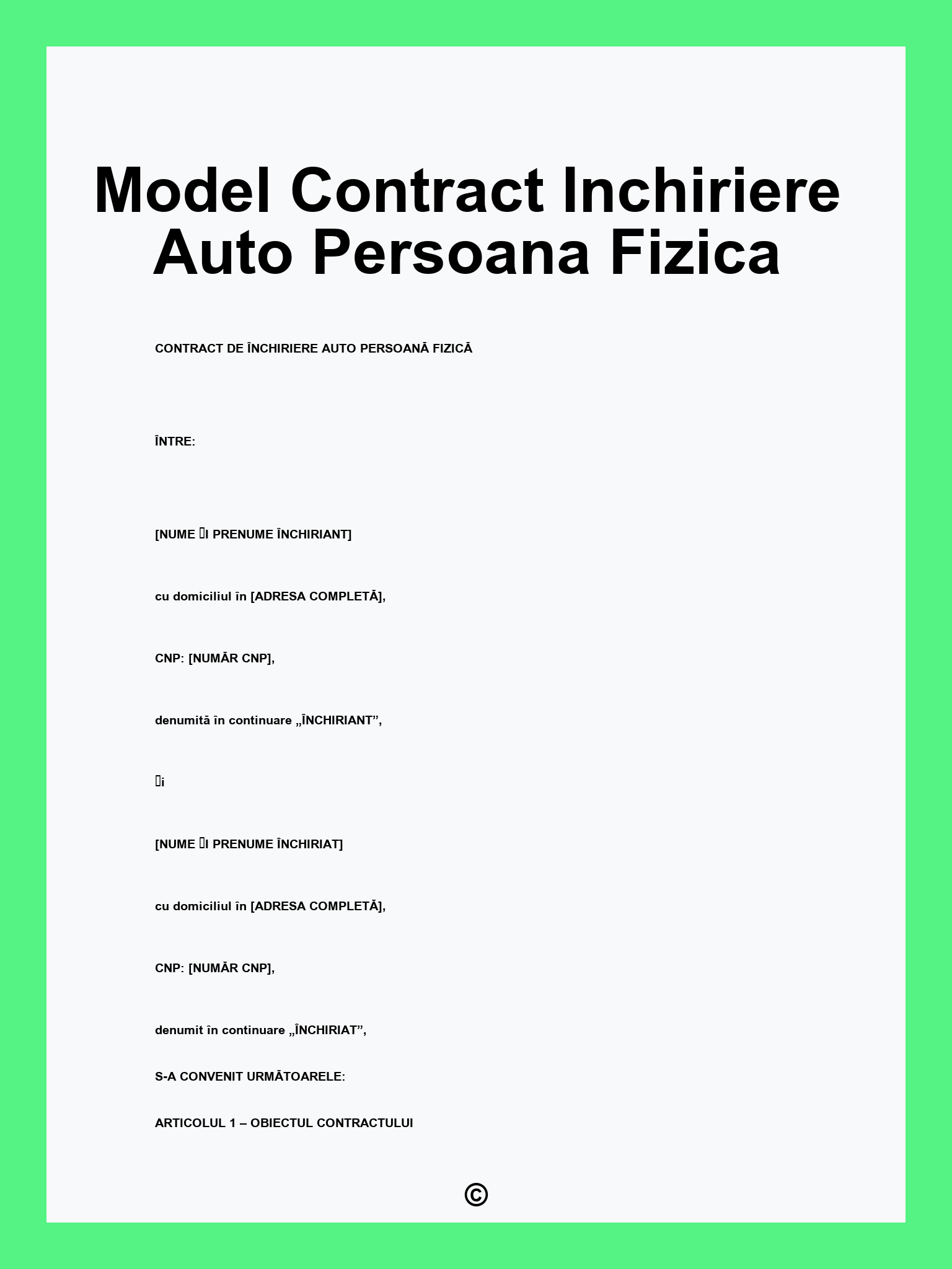 Model Contract Inchiriere Auto Persoana Fizica